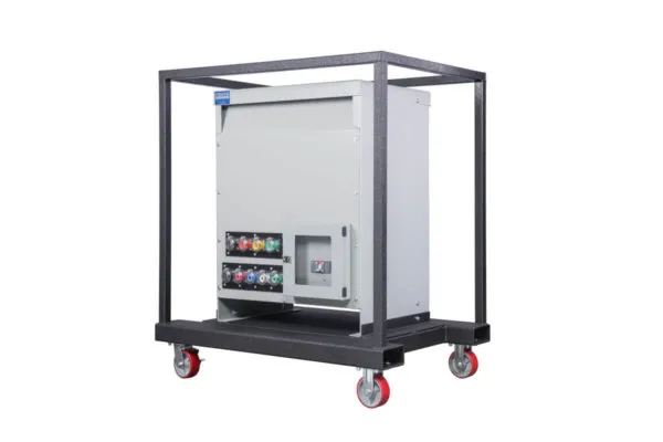 Portable distribution transformers with frames, breakers and camlocks